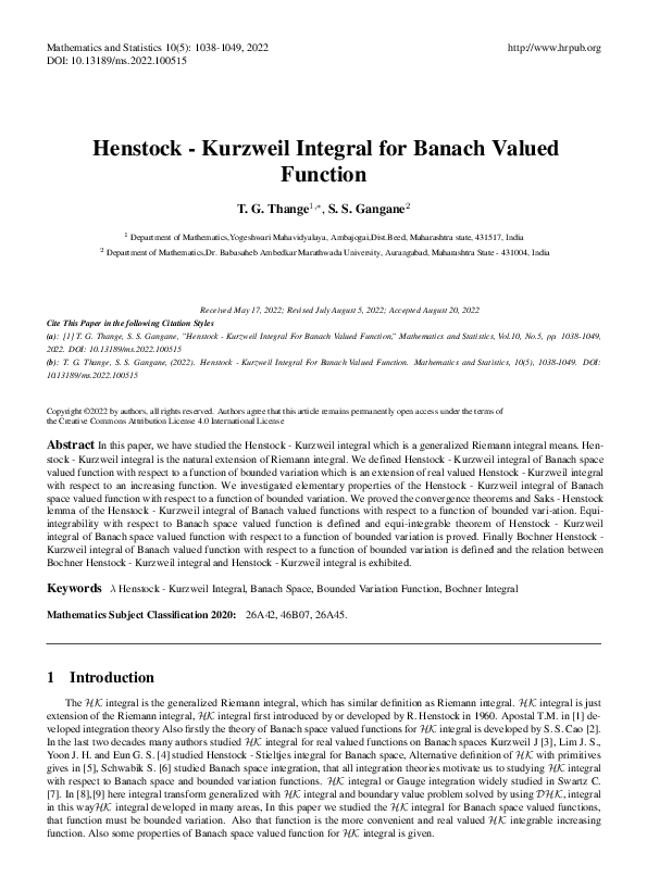 (PDF) Henstock -Kurzweil Integral for Banach Valued Function | Horizon Research Publishing(HRPUB ...
