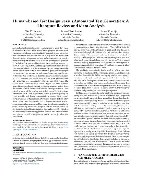 Pdf Human Based Test Design Versus Automated Test Generation A Literature Review And Meta