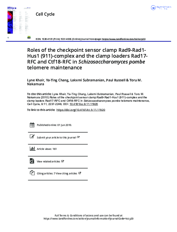 (PDF) Roles of the checkpoint sensor clamp Rad9-Rad1-Hus1 (911)-complex ...