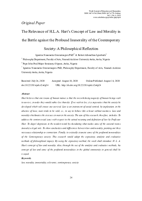 (PDF) The Relevance of H.L.A. Hart’s Concept of Law and Morality in the ...
