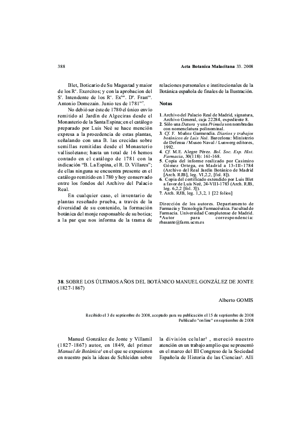 (PDF) Sobre los últimos años del botánico Manuel González de Jonte ...