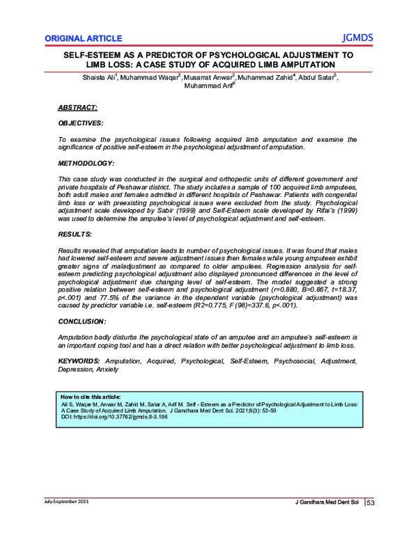 (PDF) Self-Esteem as a Predictor of Psychological Adjustment to Limb ...