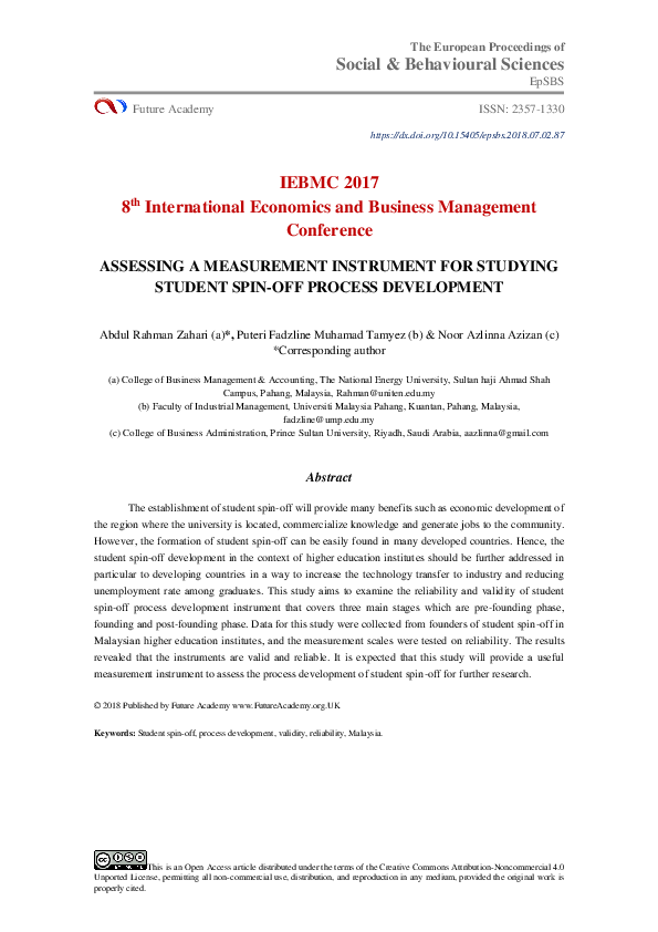 (PDF) Assessing A Measurement Instrument For Studying Student Spin-Off ...