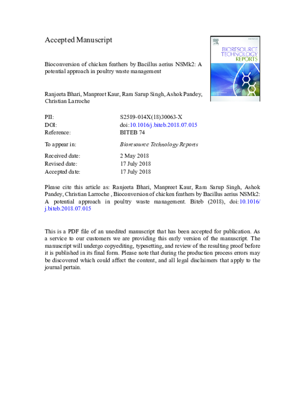 (PDF) Bioconversion of chicken feathers by Bacillus aerius NSMk2: A ...
