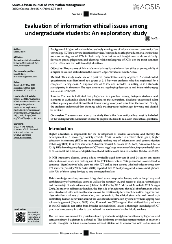 (PDF) Evaluation of information ethical issues among undergraduate ...