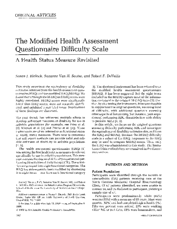 (PDF) The modified health assessment questionnaire difficulty scale. A ...