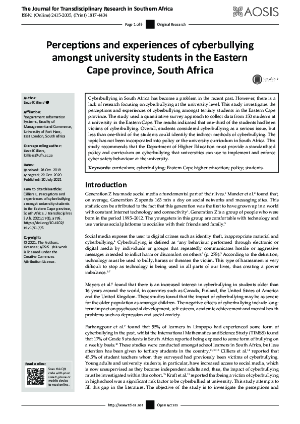 (PDF) Perceptions and experiences of cyberbullying amongst university students in the Eastern ...