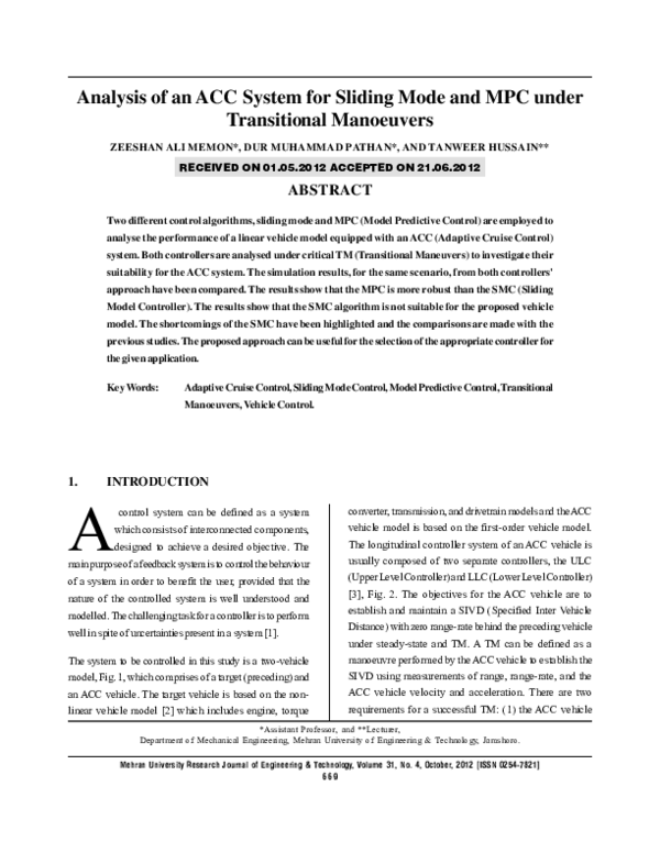 (PDF) Analysis of an ACC System for Sliding Mode and MPC under Transitional Manoeuvers
