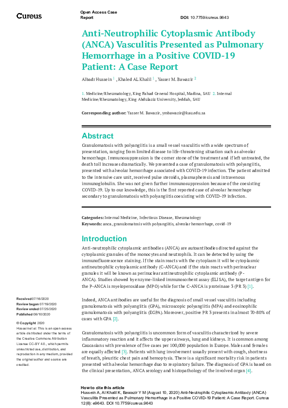 (PDF) Anti-Neutrophilic Cytoplasmic Antibody (ANCA) Vasculitis ...