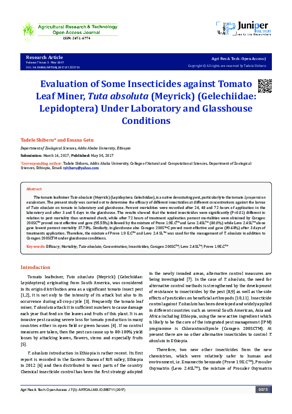 (PDF) EVALUATION OF SOME INSECTICIDES AGAINST TOMATO LEAF MINOR (Tuta absoluta) AND ...