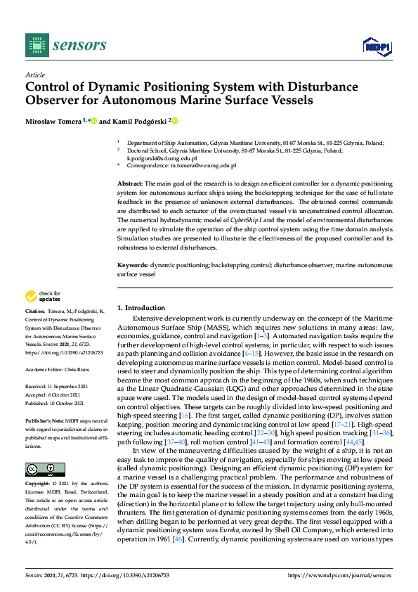 Pdf Control Of Dynamic Positioning System With Disturbance Observer For Autonomous Marine
