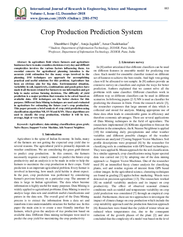 (PDF) Crop Production Prediction System