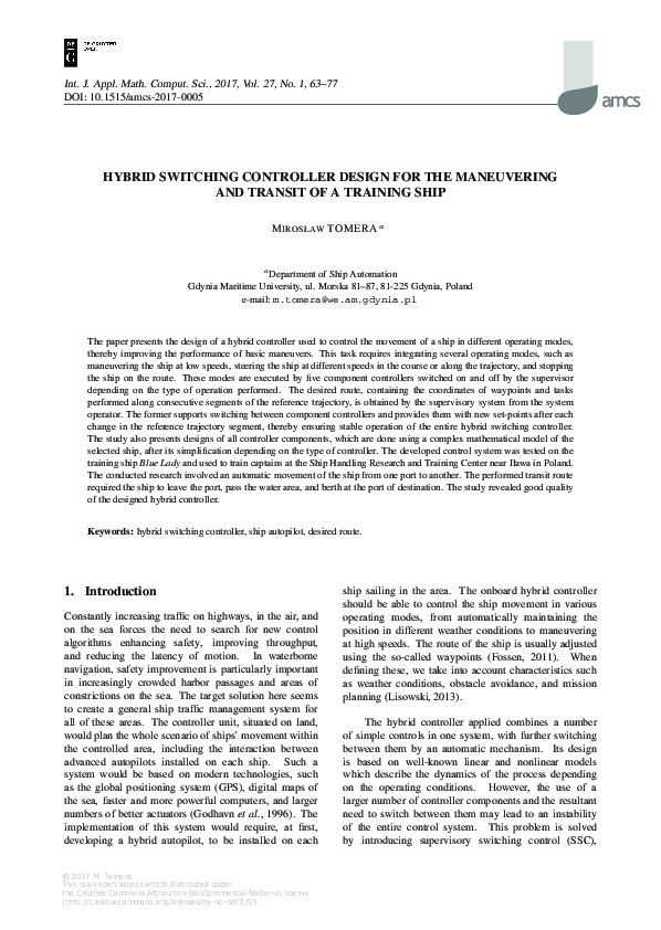 (PDF) Hybrid Switching Controller Design for the Maneuvering and Transit of a Training Ship