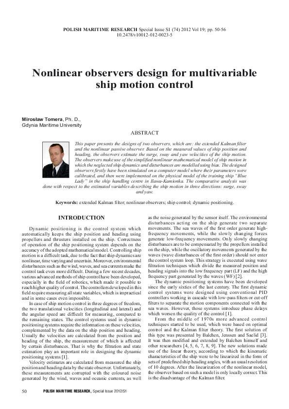(PDF) Nonlinear observers design for multivariable ship motion control