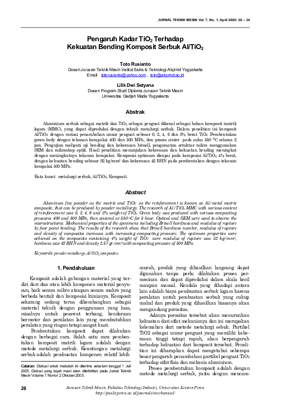 (PDF) Pengaruh Kadar TiO2 Terhadap Kekuatan Bending Komposit Serbuk Al/TiO2