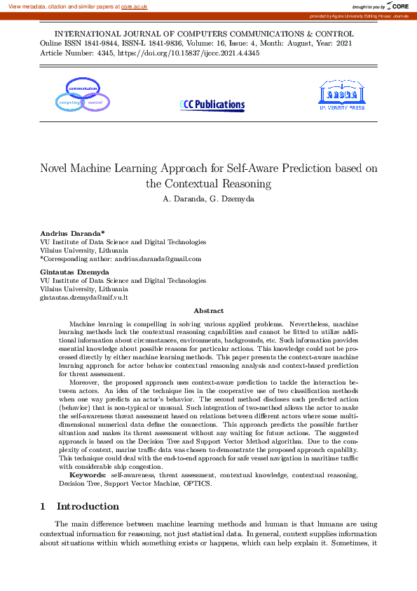 (PDF) Novel Machine learning approach for Self-Aware prediction based on the Contextual reasoning