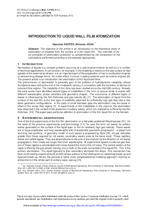 (PDF) Introduction to liquid wall film atomization | Stanislav Knotek - Academia.edu