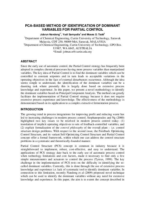 (PDF) PCA-based Method of Identification of Dominant Variables for Partial Control
