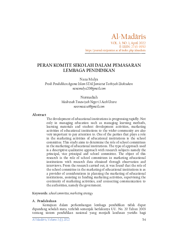 Pdf Peran Komite Sekolah Dalam Pemasaran Lembaga Pendidikan Nana