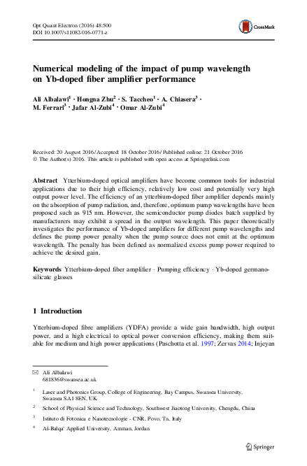 (PDF) Numerical modeling of the impact of pump wavelength on Yb-doped fiber amplifier performance