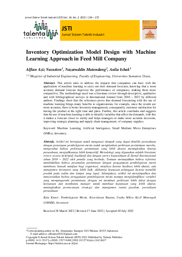 (PDF) Inventory Optimization Model Design with Machine Learning Approach in Feed Mill Company
