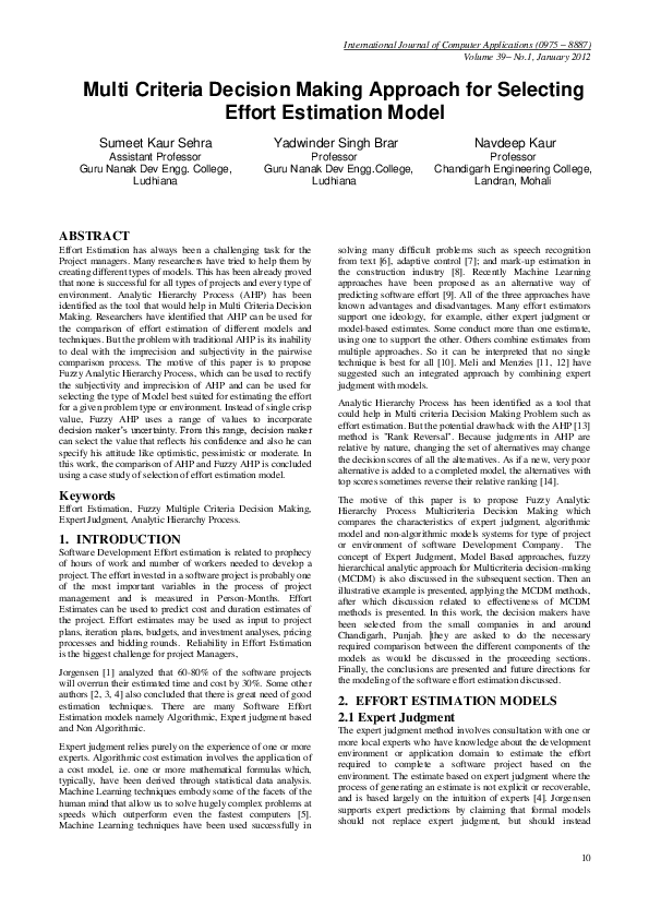 (PDF) Multi Criteria Decision Making Approach for Selecting Effort Estimation Model
