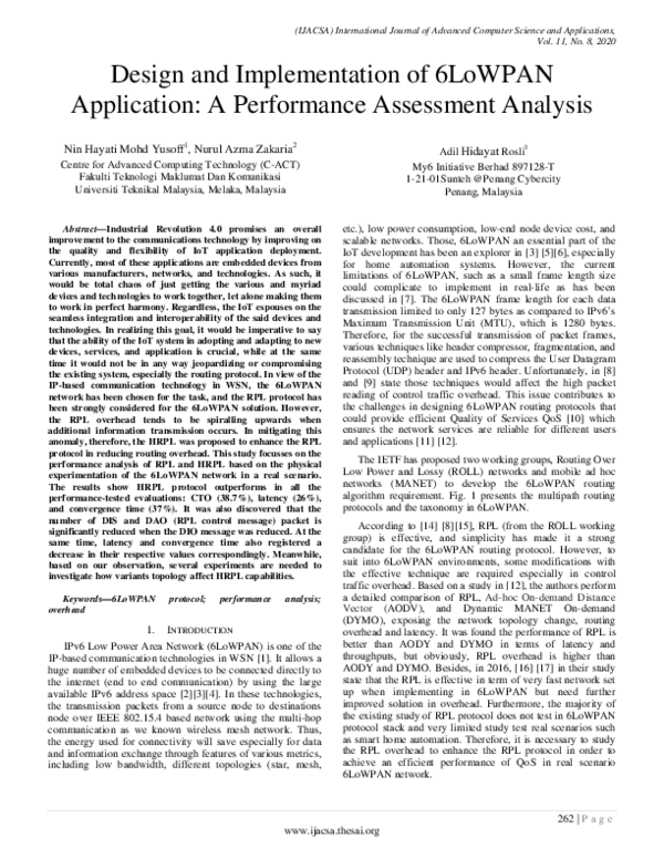 (PDF) Design and Implementation of 6LoWPAN Application: A Performance Assessment Analysis