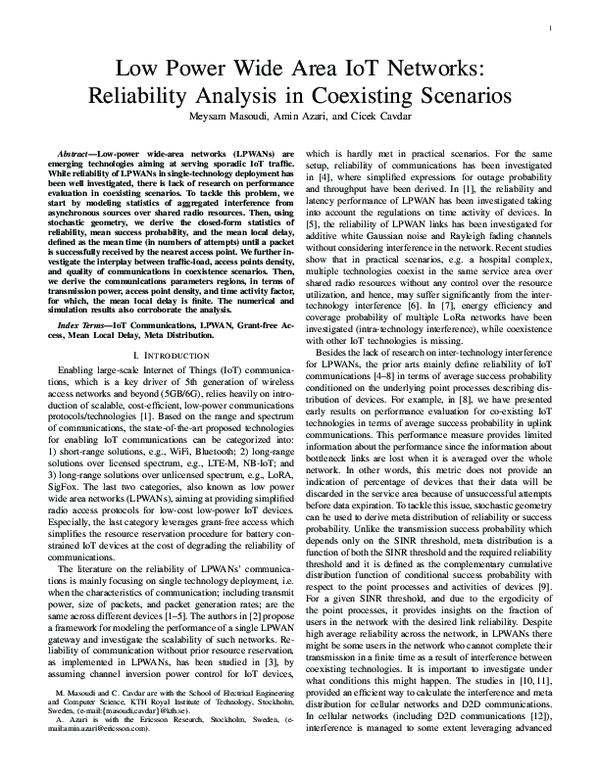 (PDF) Low Power Wide Area IoT Networks: Reliability Analysis in Coexisting Scenarios