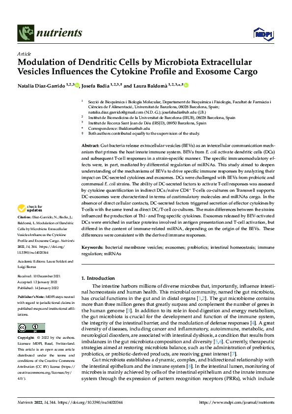 (PDF) Modulation of Dendritic Cells by Microbiota Extracellular Vesicles Influences the Cytokine ...