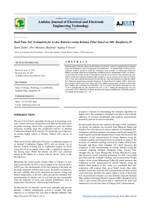 Pdf Real Time Soc Estimation For Li Ion Batteries Using Kalman Filter