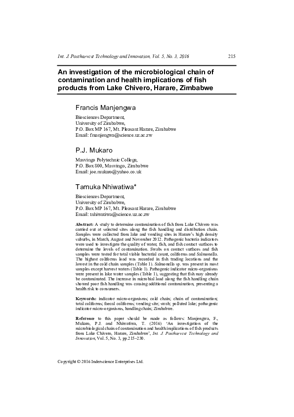 (PDF) An investigation of the microbiological chain of contamination ...