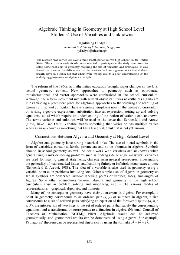 (PDF) Algebraic Thinking in Geometry at High School Level: Students ...