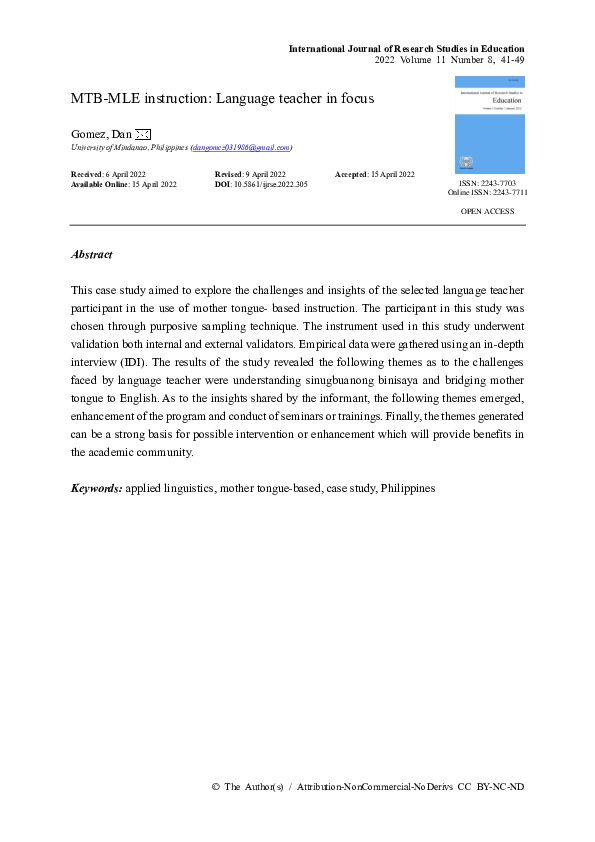 (PDF) MTB-MLE instruction: Language teacher in focus