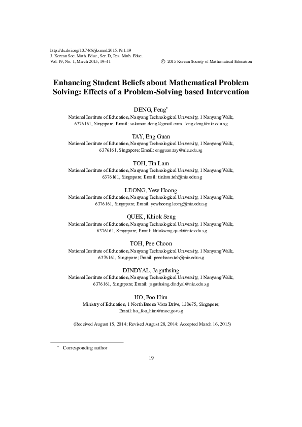 (PDF) Enhancing Student Beliefs about Mathematical Problem Solving: Effects of a Problem-Solving ...