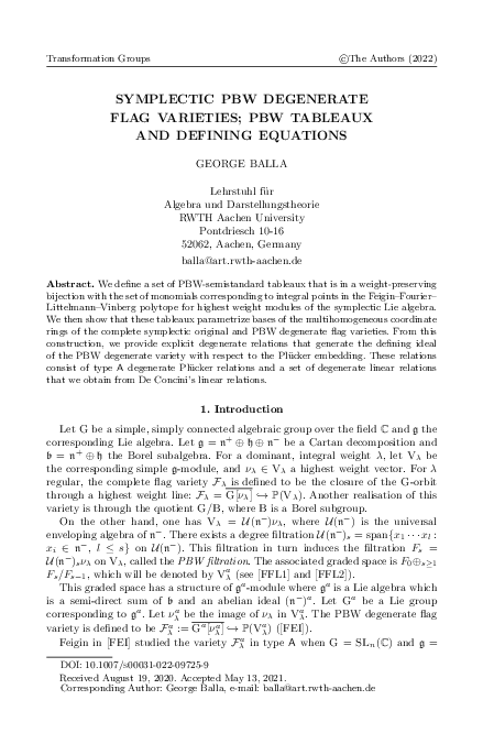 (PDF) Symplectic PBW Degenerate Flag Varieties; PBW Tableaux and ...