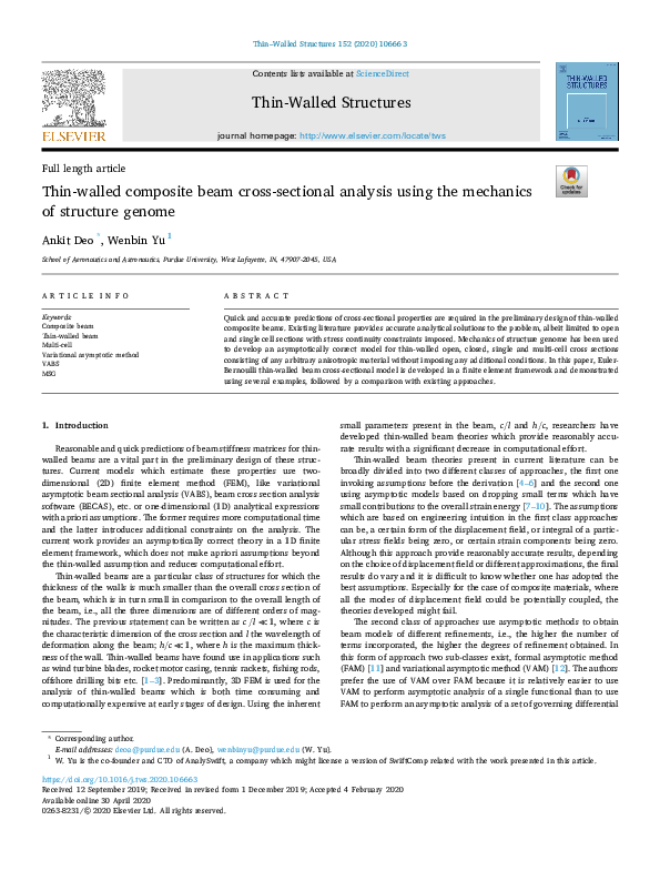 (PDF) Thin-walled composite beam cross-sectional analysis using the mechanics of structure genome