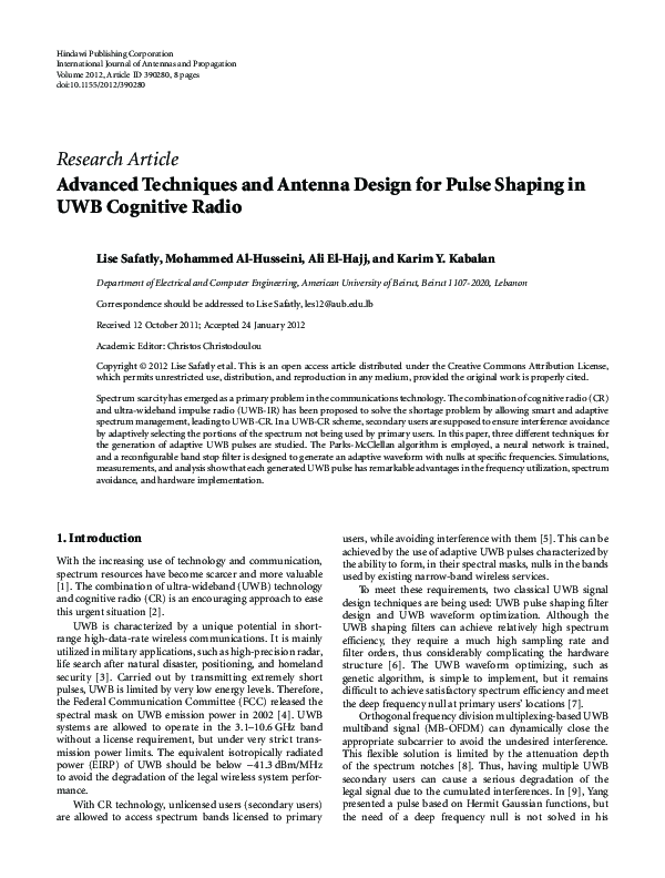 (PDF) Advanced Techniques and Antenna Design for Pulse Shaping in UWB Cognitive Radio