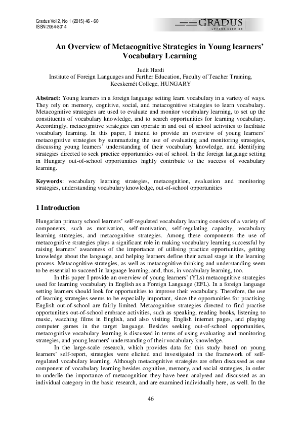 (PDF) An Overview of Metacognitive Strategies in Young learners’ Vocabulary Learning