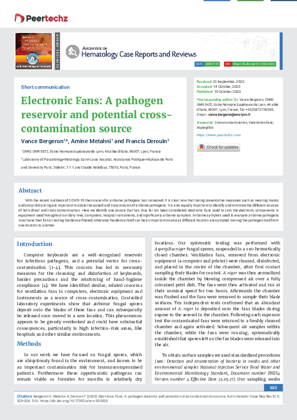 (PDF) Electronic Fans: A pathogen reservoir and potential cross ...