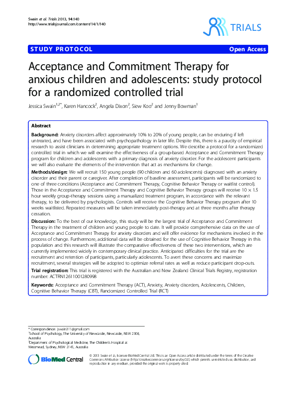 (PDF) Acceptance and Commitment Therapy for anxious children and adolescents: study protocol for ...
