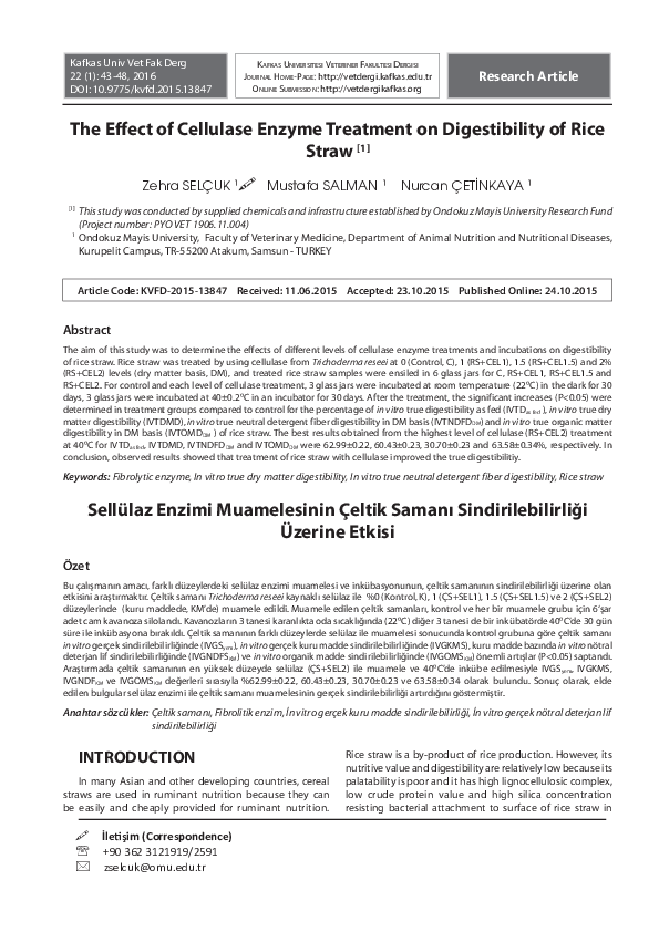(PDF) Effect of Cellulase Enzyme Treatment on Digestibility of Rice Straw