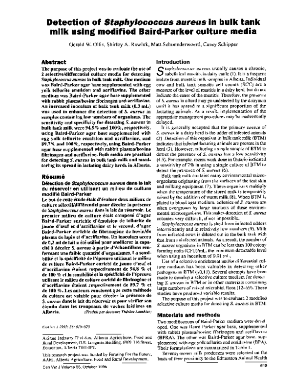 Pdf Detection Of Staphylococcus Aureus In Bulk Tank Milk Using Modified Baird Parker Culture Media