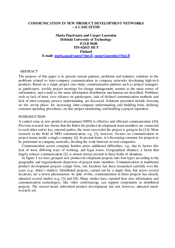 (PDF) Communication in New Product Development Networks-A Case Study