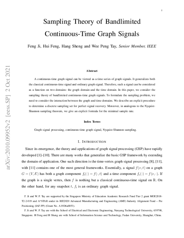 (PDF) Sampling theory of bandlimited continuous-time graph signals