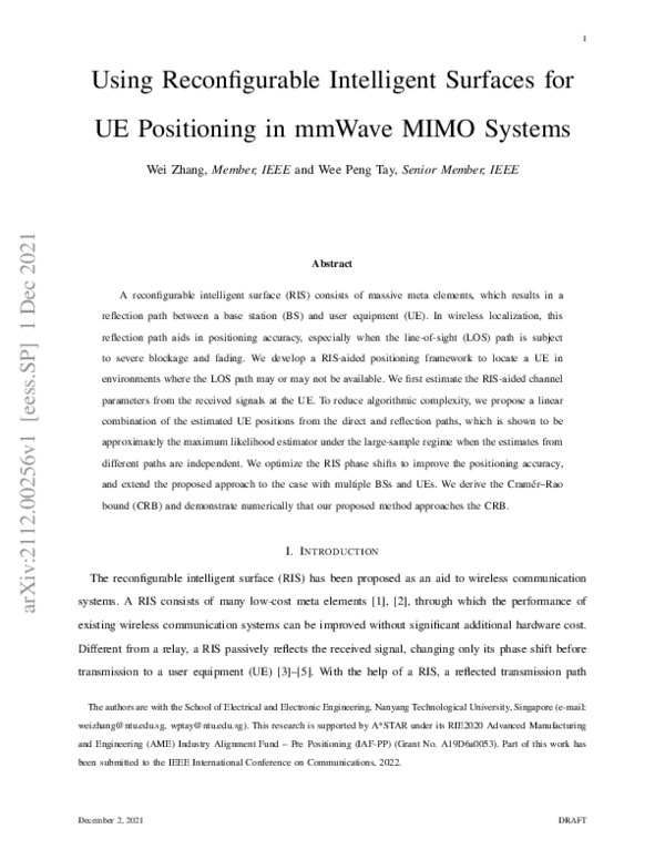 (PDF) Using Reconfigurable Intelligent Surfaces for UE Positioning in mmWave MIMO Systems
