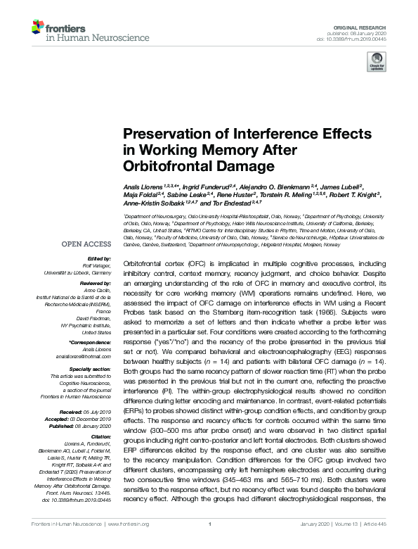 (PDF) Preservation of Interference Effects in Working Memory After Orbitofrontal Damage