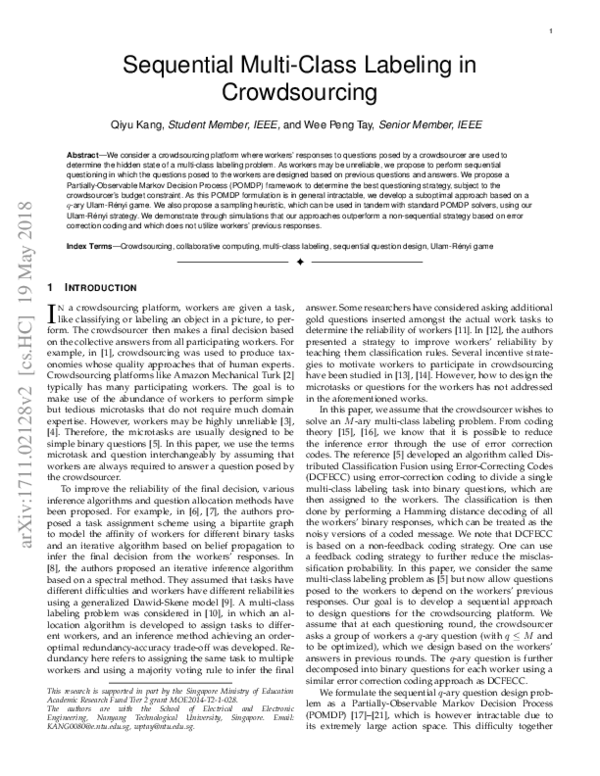 (PDF) Sequential Multi-Class Labeling in Crowdsourcing | Wee Peng Tay - Academia.edu