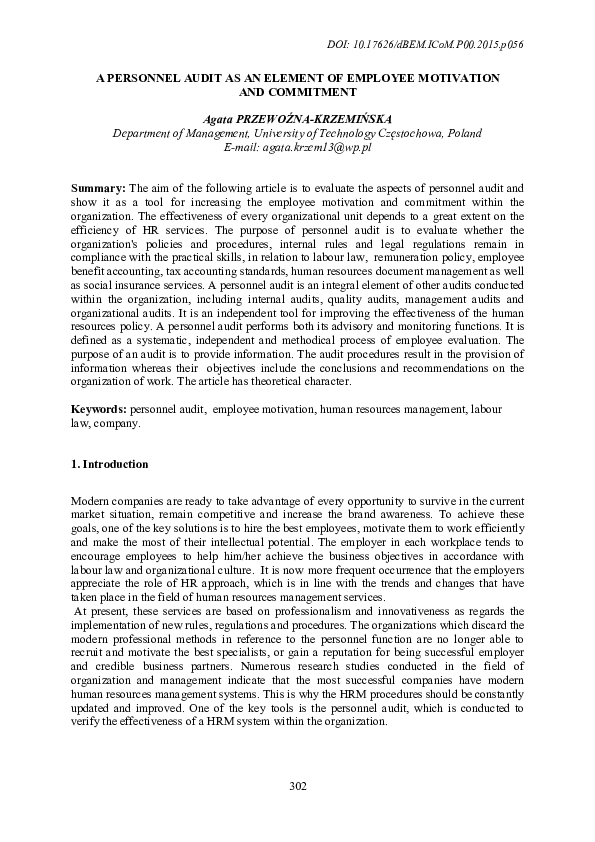 (PDF) A personnel audit as an element of employee motivation and commitment