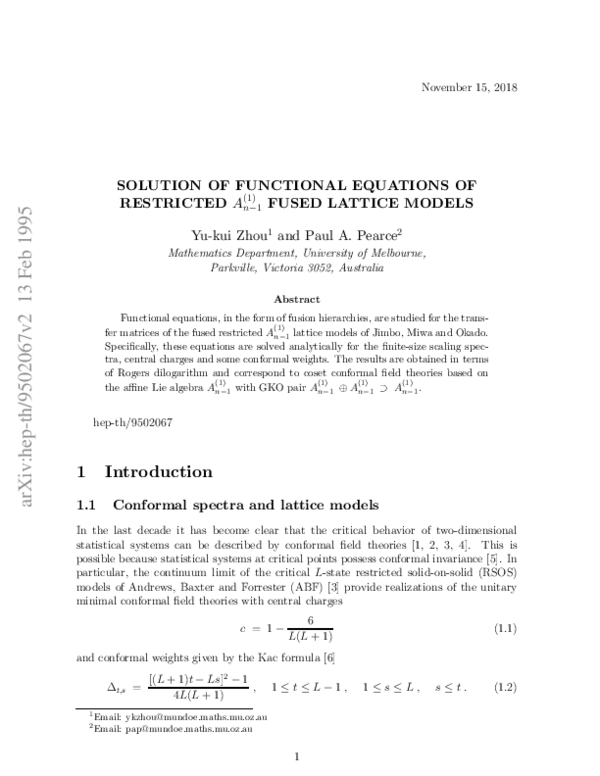 (PDF) Solution of functional equations of restricted An−1(1) fused ...