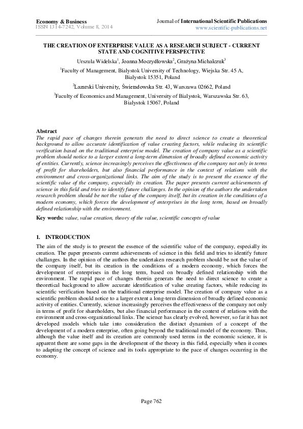 (PDF) The Creation of Enterprise Value as a Research Subject - Current ...